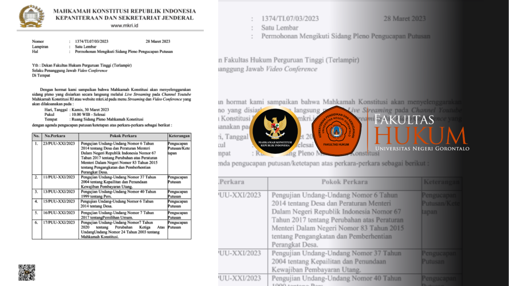 Permintaan Keikutsertaan FH UNG dalam Sidang Pleno Pengucapan Putusan , MKRI - Fakultas Hukum